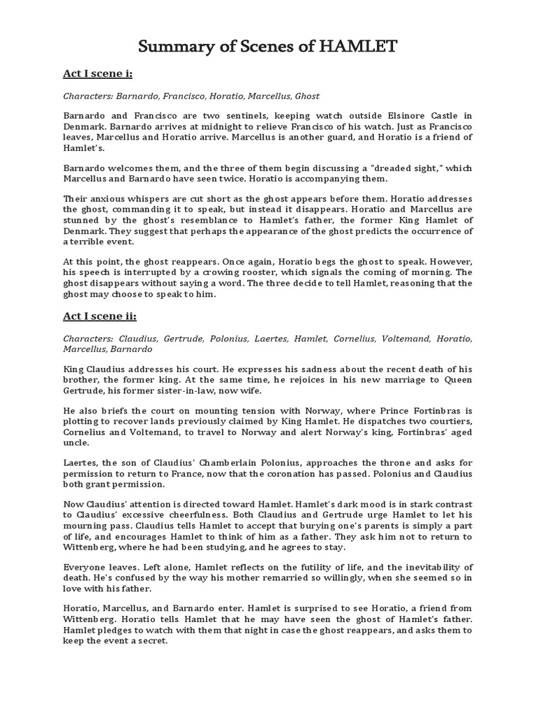 Hamlet Act I & II Scene Summaries | PDF | Hamlet | Shakespearean Tragedies