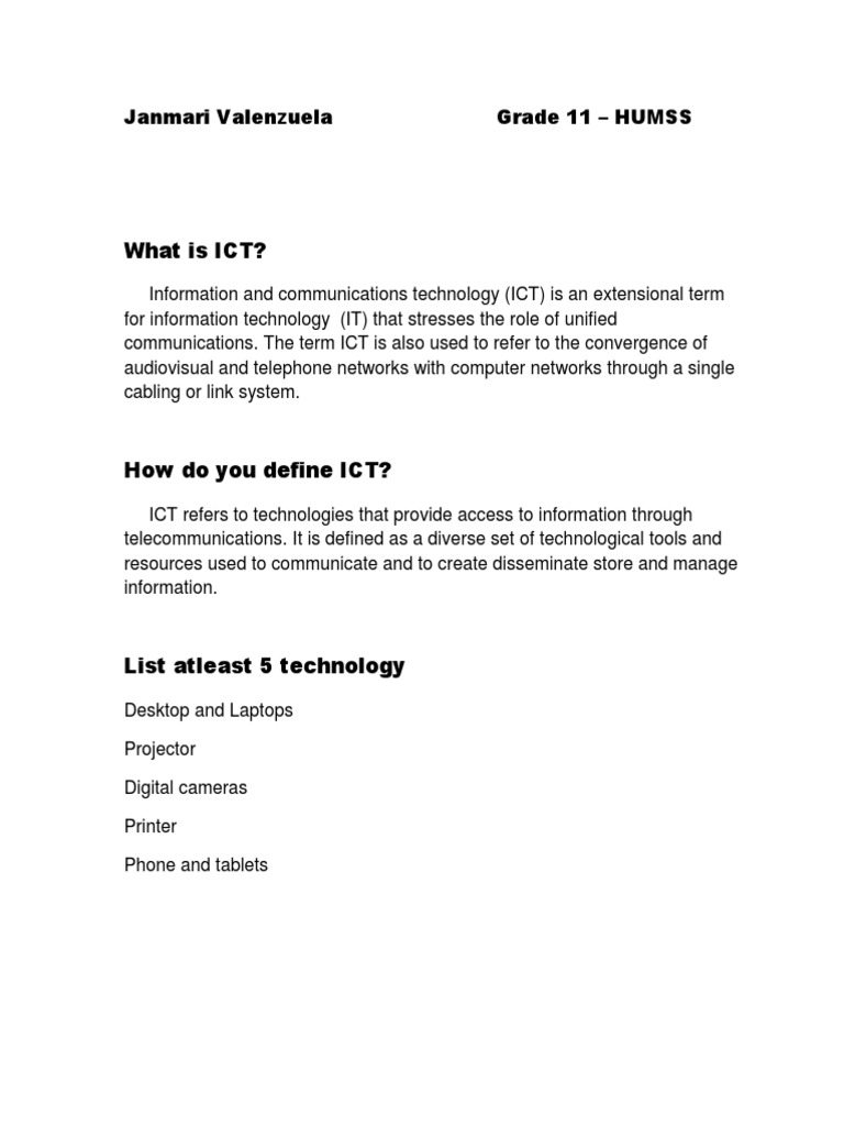 What Is ICT?: Janmari Valenzuela Grade 11 - HUMSS | PDF | Technology ...