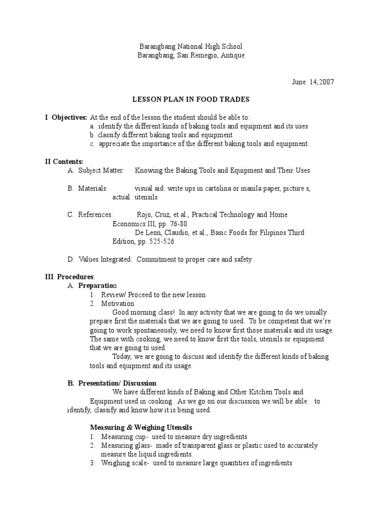 Lesson Plan-Food Trades | PDF | Cakes | Kitchen Utensil