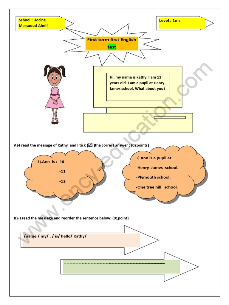 First Term First English Test: Level: 1ms | PDF