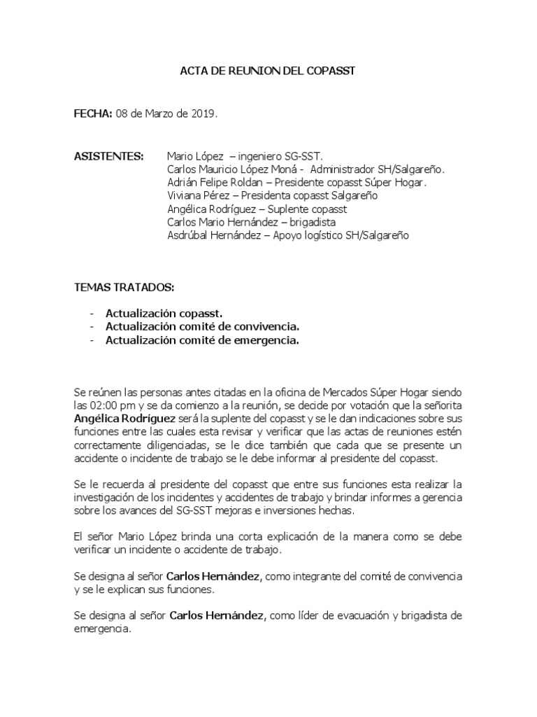 Acta Reunión COPASST 08/03/2019 | PDF | Gobierno