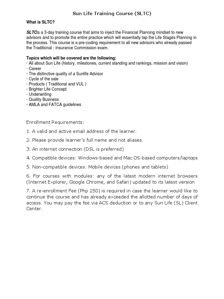 Sun Life Training Course (SLTC) : Sltcis A 3-Day Training Course That ...