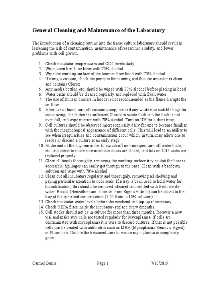 General Cleaning and Maintenance of The Cell Culture Laboratory | PDF ...