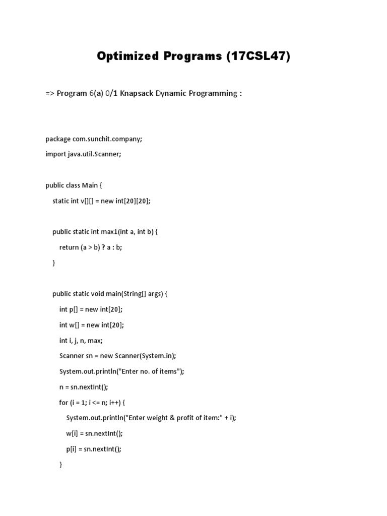 Optimized Programs (17CSL47) : Program 6 (A) 0/1 Knapsack Dynamic Programming | PDF | Vertex ...