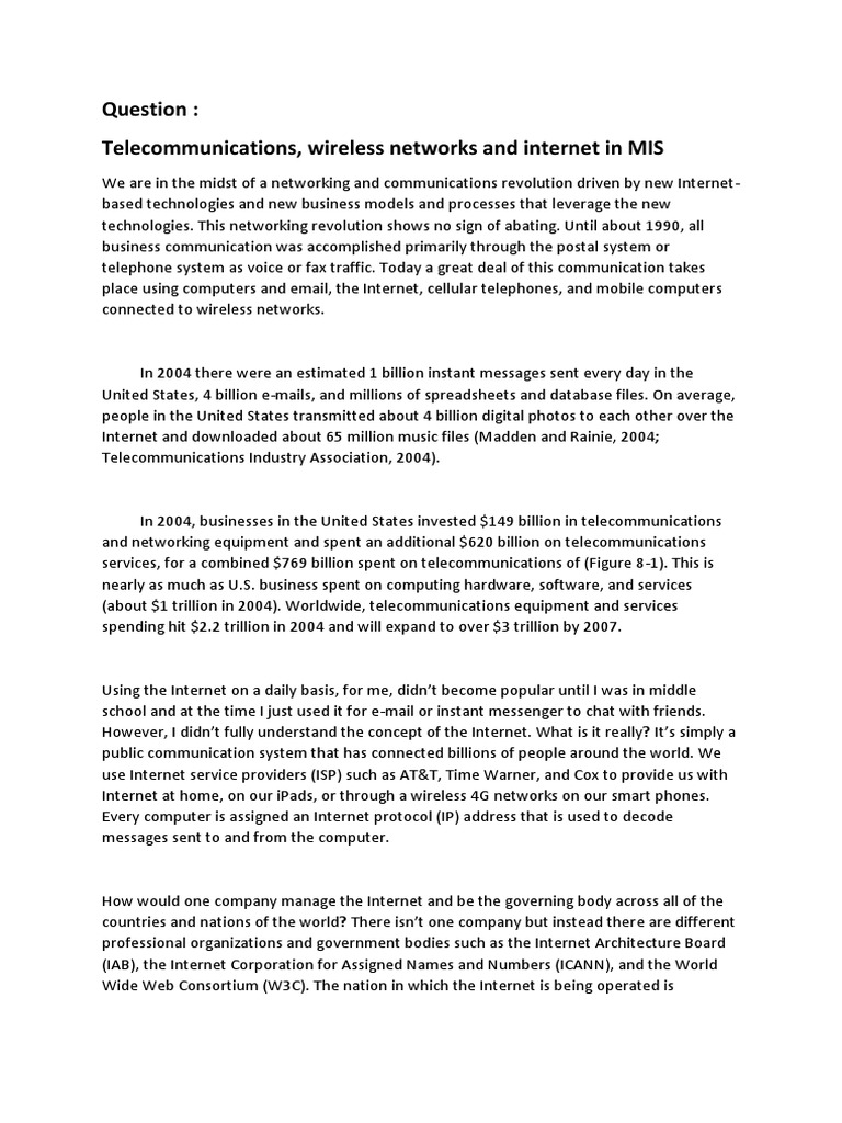 Telecommunications, Wireless Networks and Internet in MIS | PDF ...