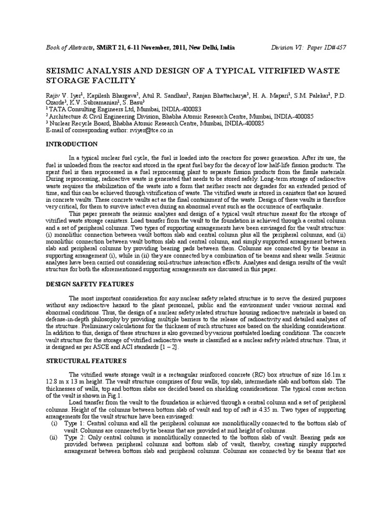 Seismic Analysis and Design of A Typical Vitrified Waste Storage ...