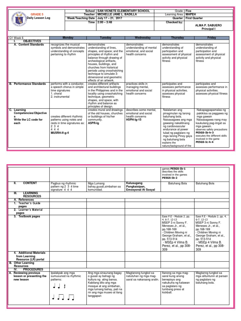 DLL Mapeh - Grade 5 q1 w7 | PDF | Teachers