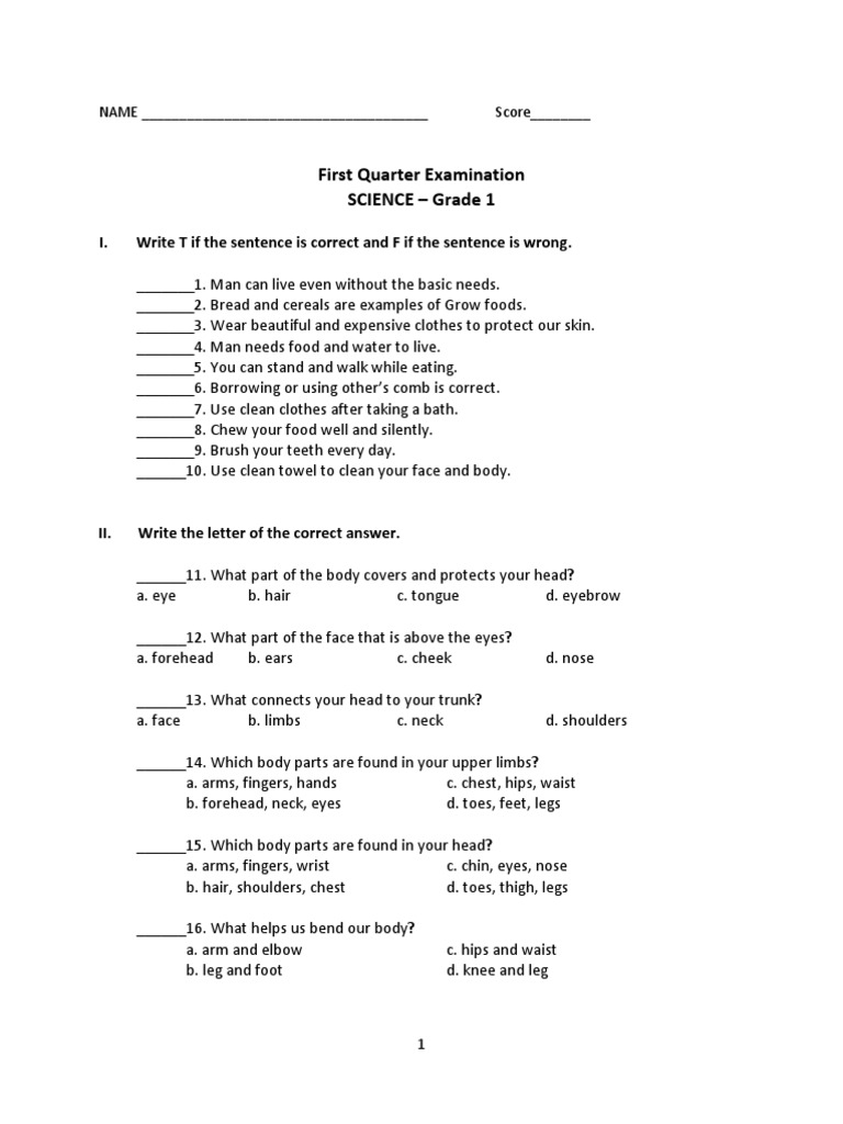 Grade 1 Science Exam Questions | PDF | Senses | Human Anatomy