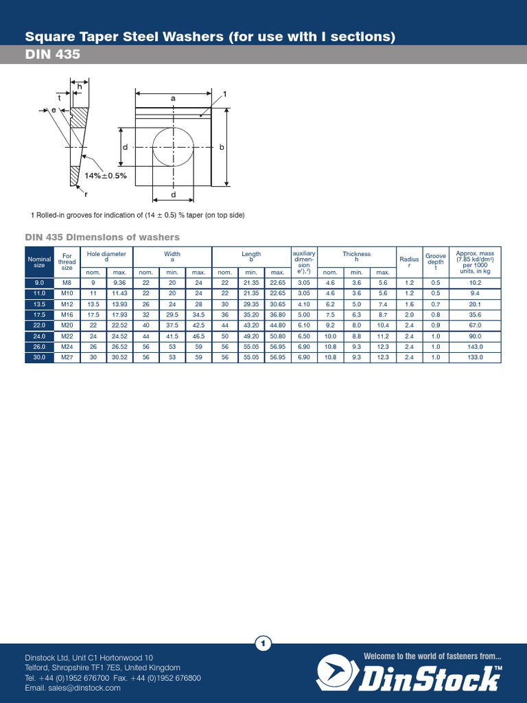 Square taper steel washers DIN 435 | PDF | Manufactured Goods