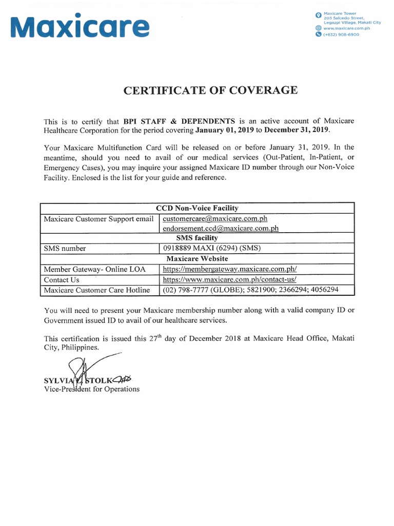 Coc - Bpi Staff & Dependents | PDF