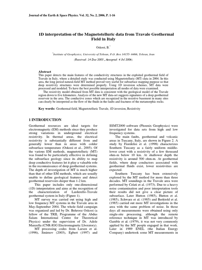 1D Interpretation of The Magnetotelluric Data From Travale Geothermal ...