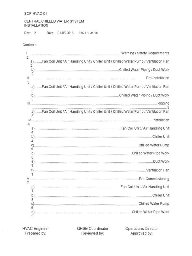 Sop Hvac 01 Central Chilled Water System | PDF | Duct (Flow) | Hvac