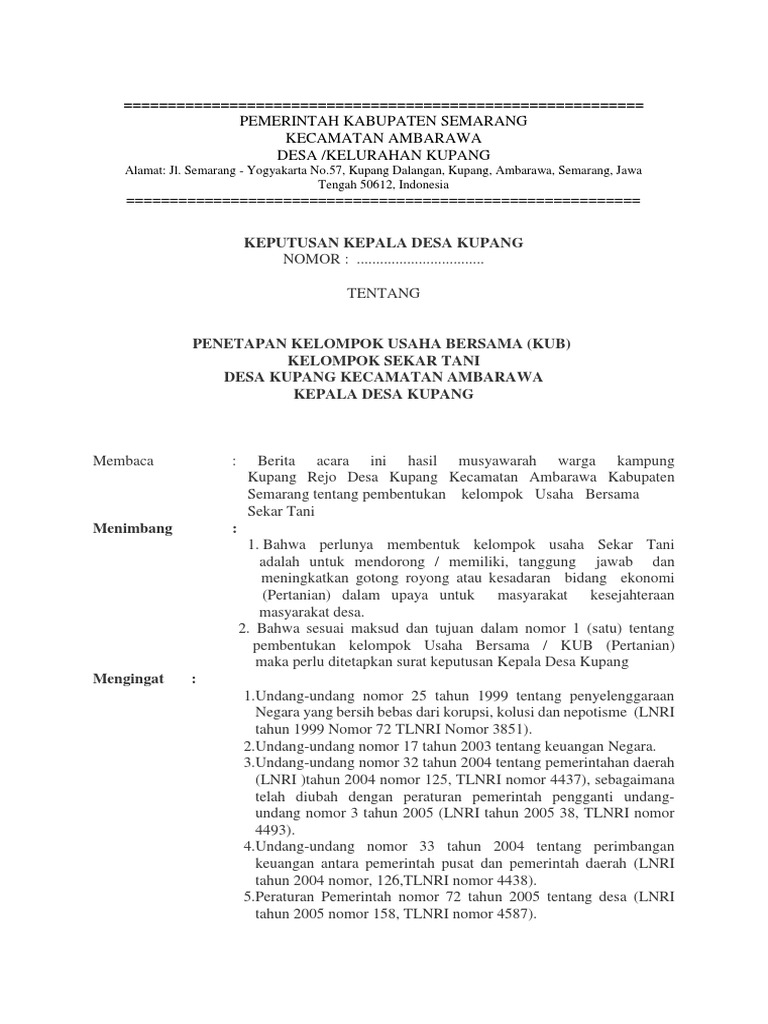 Penetapan KUB Sekar Tani Desa Kupang | PDF