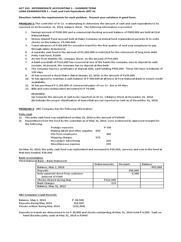 Long Examination Cash Set A | Debits And Credits | Deposit Account