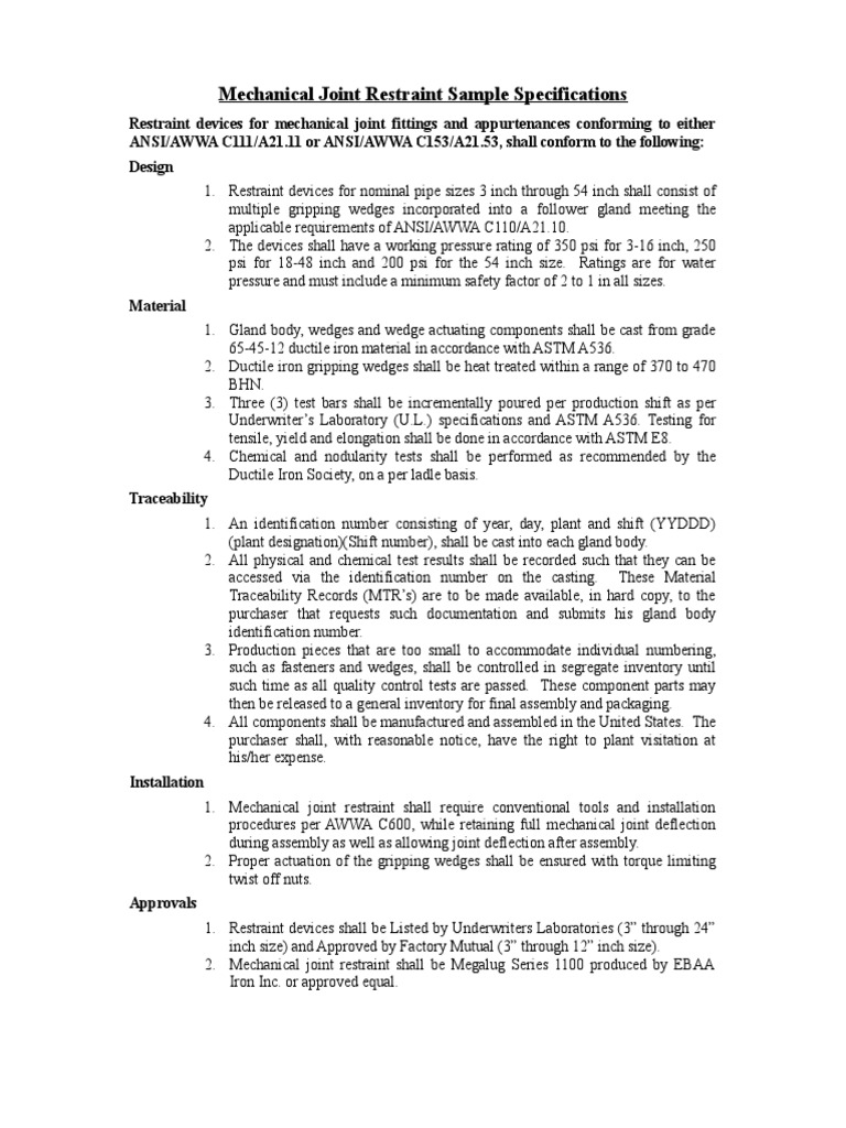 Mechanical Joint Restraint Sample Specifications | PDF | Ductility ...