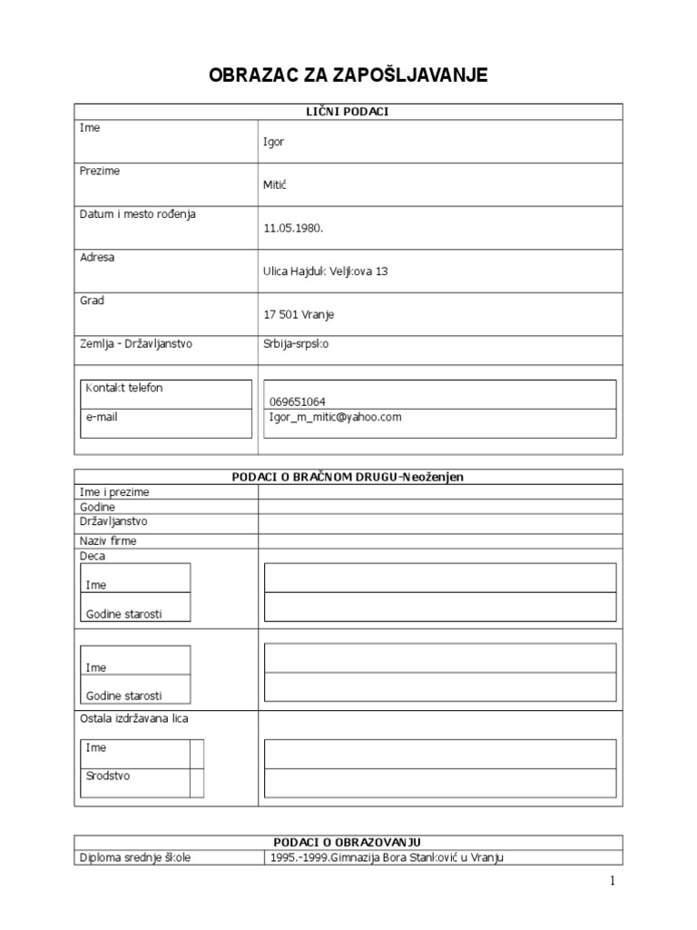 CV Obrazac 1 | PDF