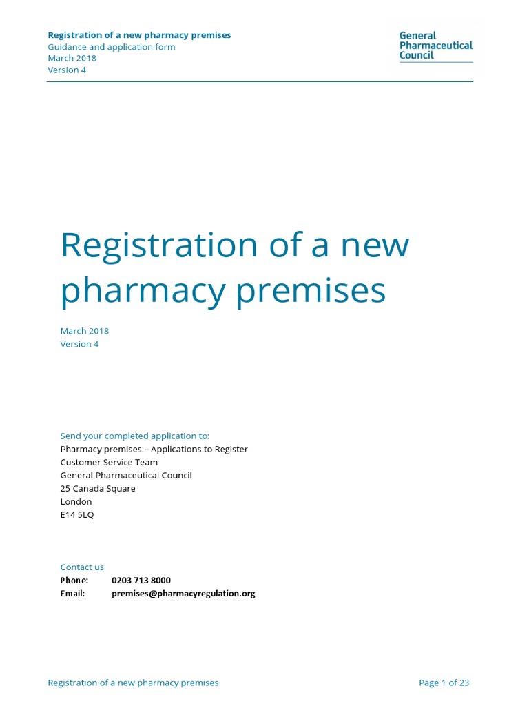 Registration of A New Pharmacy Premises: Guidance and Application Form ...