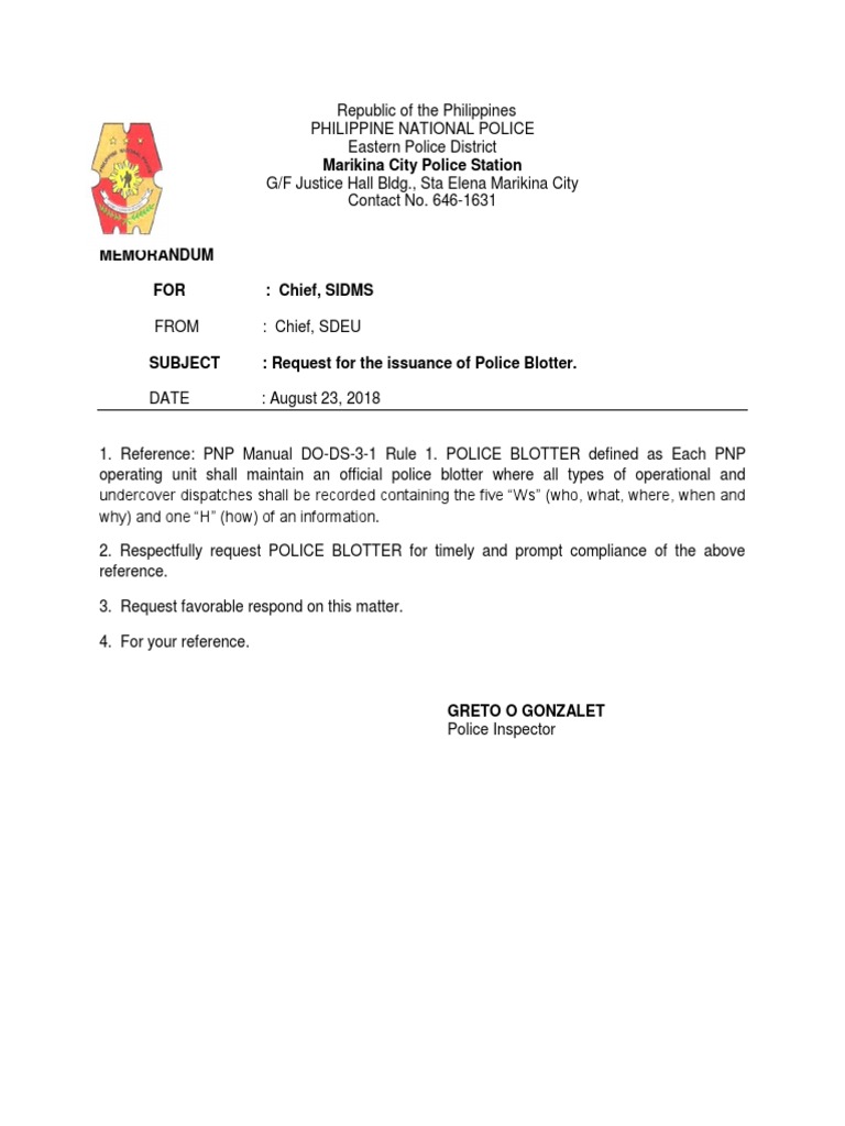Request for Police Blotter Issuance | PDF