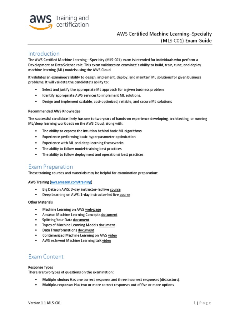 AWS Machine Learning Specialty Exam Guide | PDF | Machine Learning ...