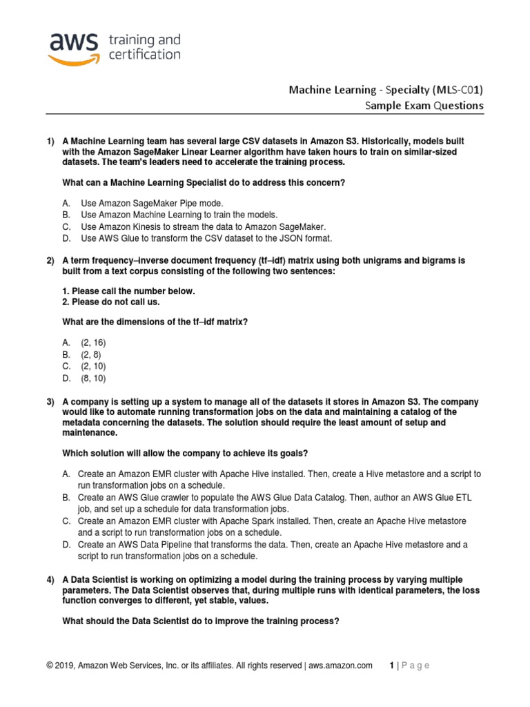 AWS Certified Machine Learning - Specialty - Sample Questions | PDF ...