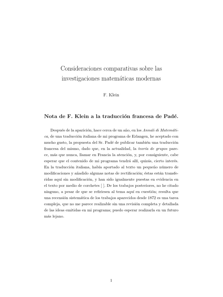 Programa de Erlangen. Felix Klein | PDF | Grupo (Matemáticas) | Colector