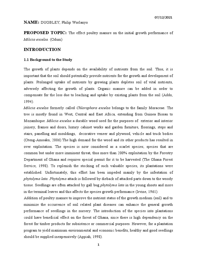 Name: Proposed Topic:: Milicia Excelsa. (Odum) | PDF | Soil | Manure