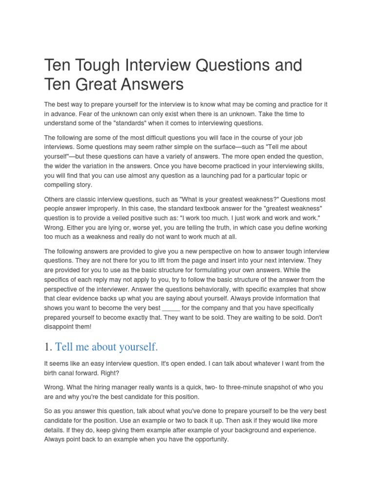 Ten Tough Interview Questions and Ten Great Answers | PDF | Linked In | Employment