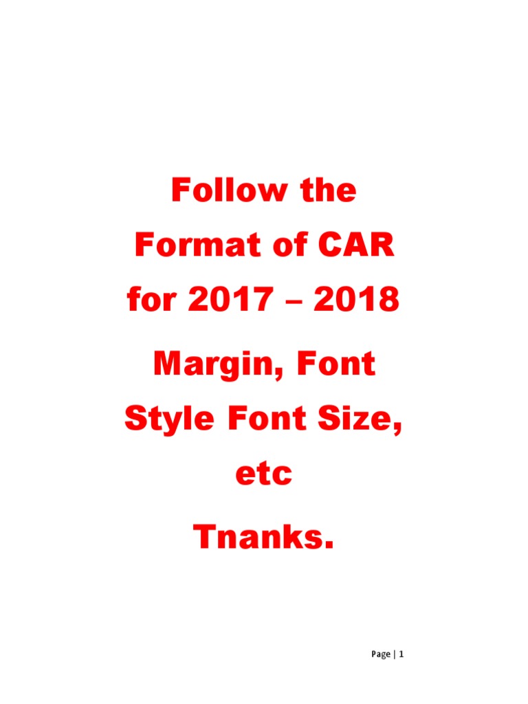 Follow The Format of CAR For 2017 - 2018 Margin, Font Style Font Size ...
