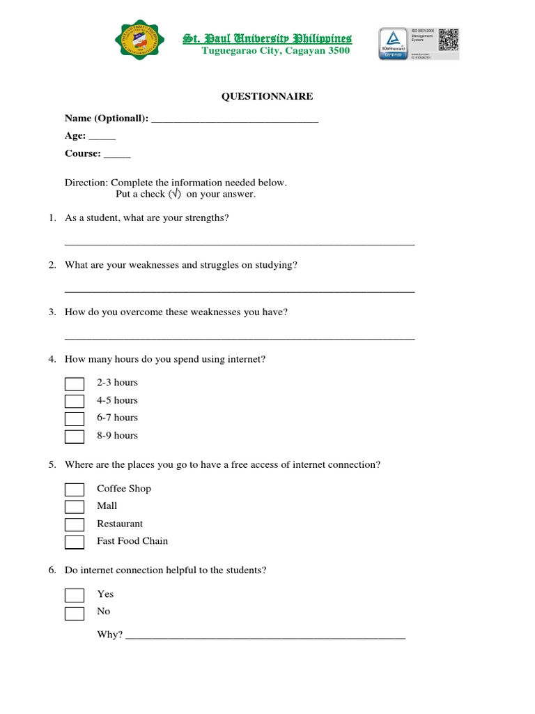 St. Paul University Philippines: Questionnaire Name (Optionall) : - Age ...
