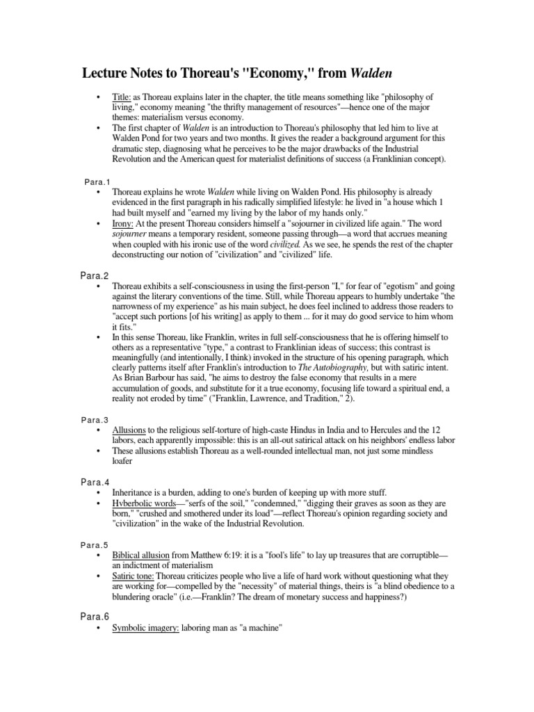 Lecture Notes To Thoreau's "Economy," From Walden | PDF | Walden ...