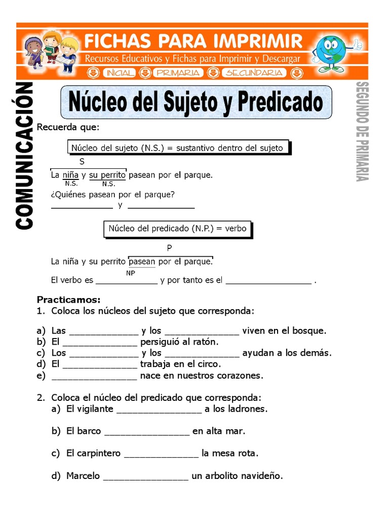 Ficha de Nucleo Del Sujeto y Predicado Para Segundo de Primaria