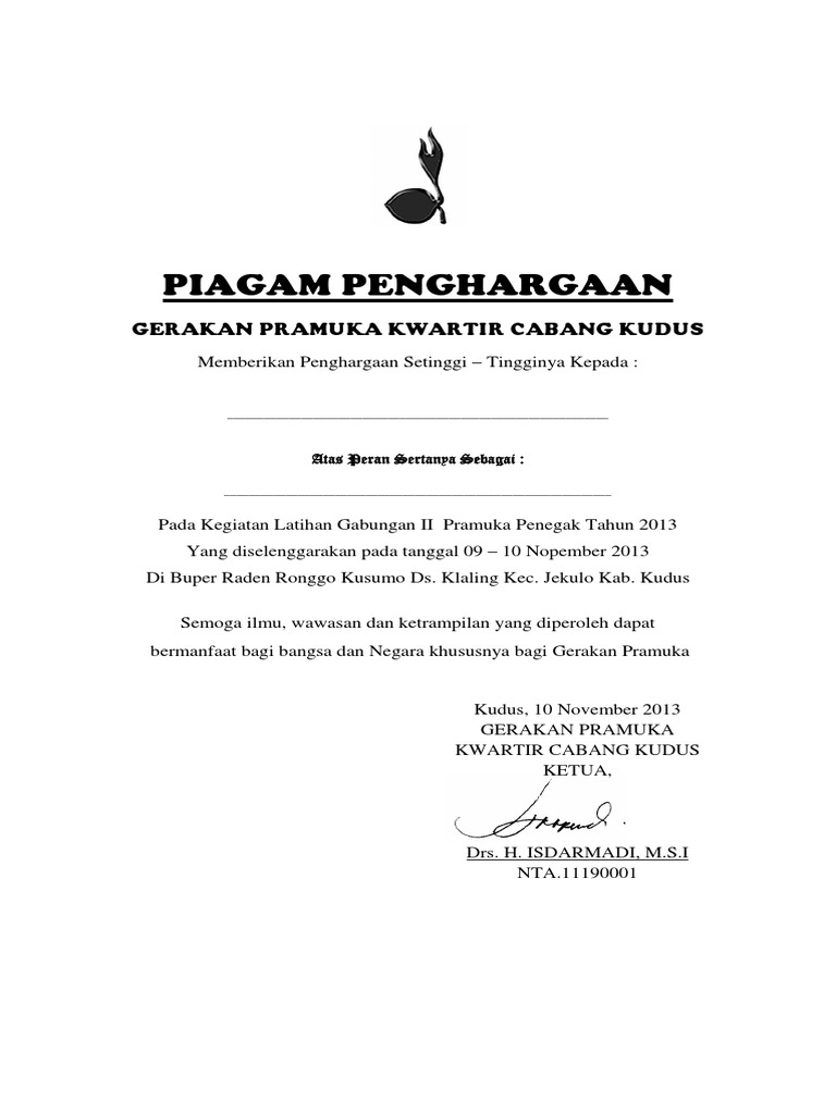Contoh Piagam Penghargaan Pramuka | PDF