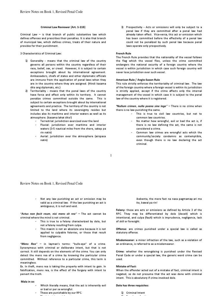 Review Notes, RPC Book 1 | PDF | Mens Rea | Crime & Violence