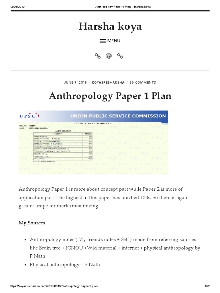Anthropology Paper 1 Plan - Harsha Koya | PDF | Kinship | Anthropology