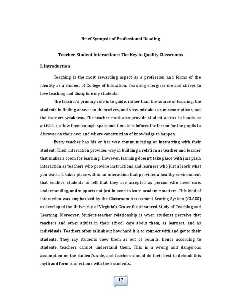 Brief Synopsis of Professional Reading | PDF | Teachers | Classroom