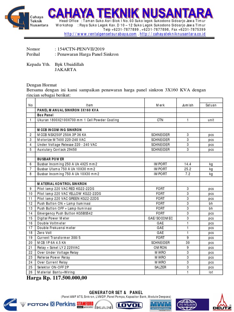 Penawaran Harga Panel Sinkron 3x160 KVA | PDF