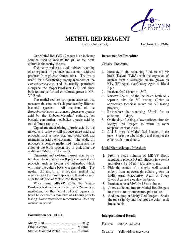 Methyl Red Reagent: Recommended Procedure | Download Free PDF ...
