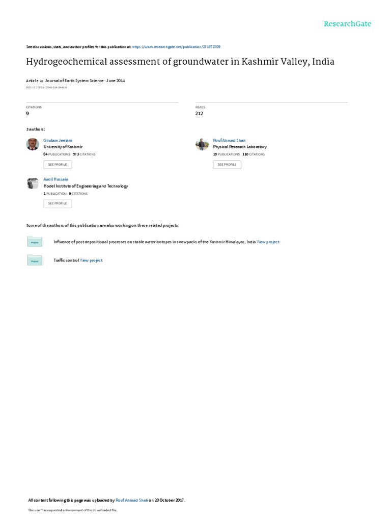 Hydrogeochemical Assessment of Groundwater in Kashmir Valley, India | PDF | Alkalinity | Groundwater