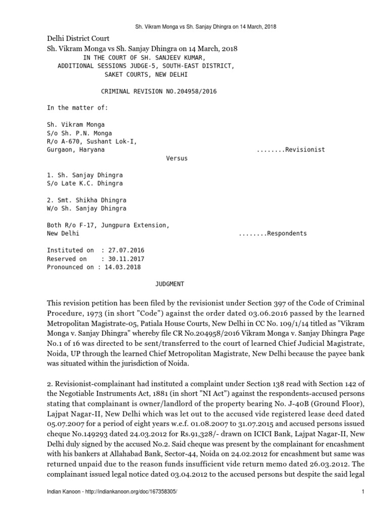 Sh. Vikram Monga Vs Sh. Sanjay Dhingra On 14 March, 2018 | PDF ...
