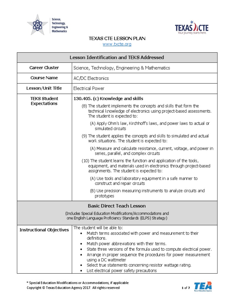 Lesson Plan STEM - ACDC Electronics - Electrical Power - 1 | Electric ...