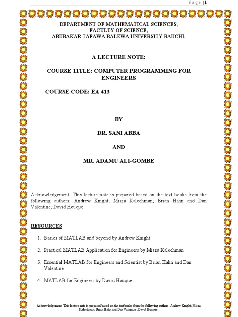Ea413 Lecture Note Materials-1 | PDF | Matrix (Mathematics) | Matlab