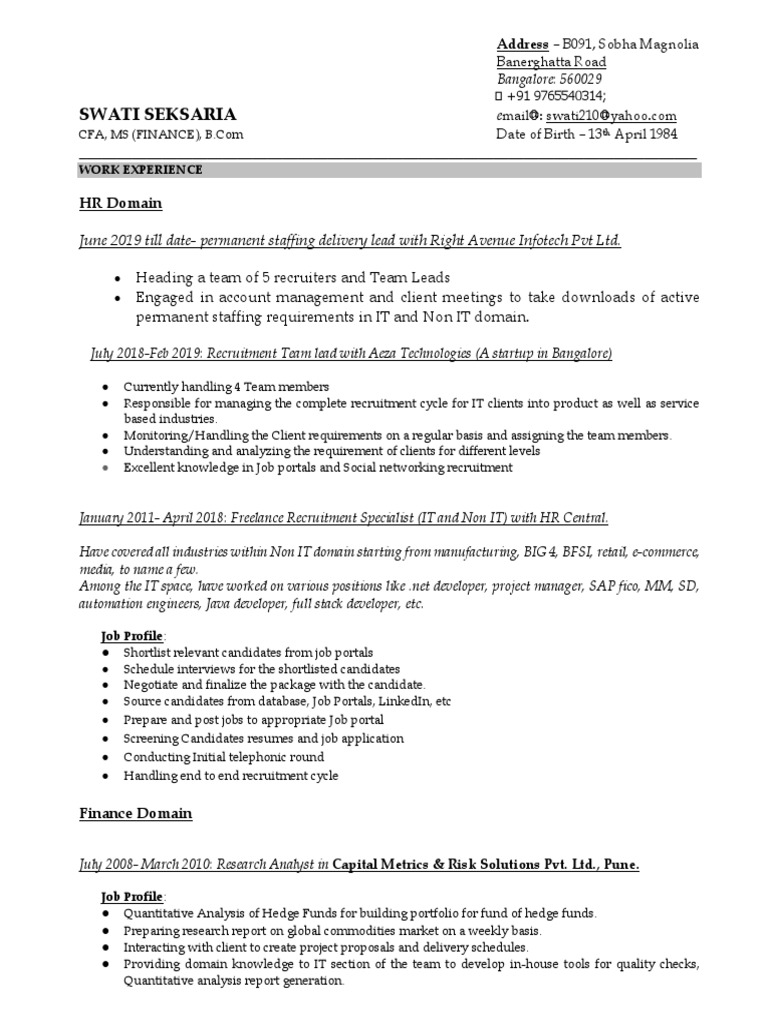 CV Swati Seksaria | PDF | Securities Research | Financial Analyst
