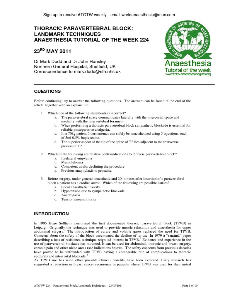 Thoracic Paravertebral Block: Landmark Techniques Anaesthesia Tutorial ...