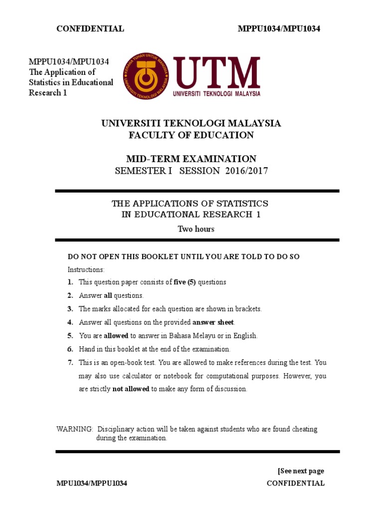 Universiti Teknologi Malaysia Faculty of Education Mid-Term Examination ...