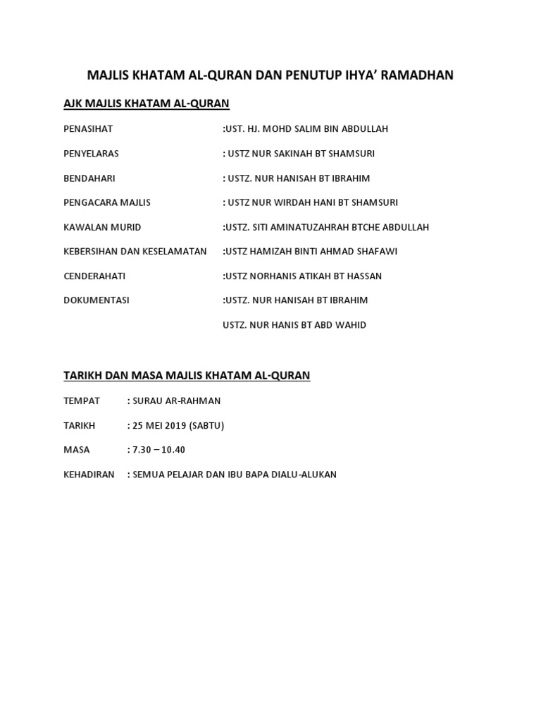 Tentatif Majlis Khatam Alquran
