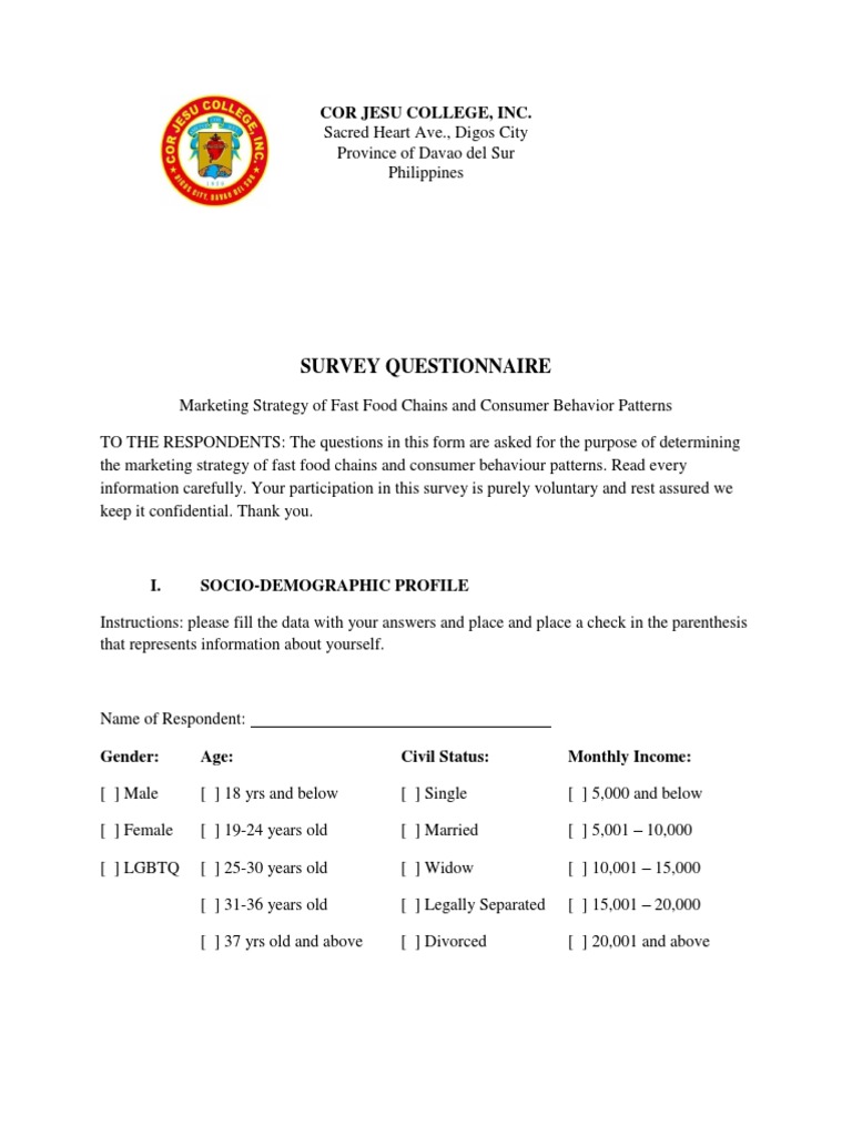 Survey Questionnaire - Marketing Strategy of Fast Food Chains and ...