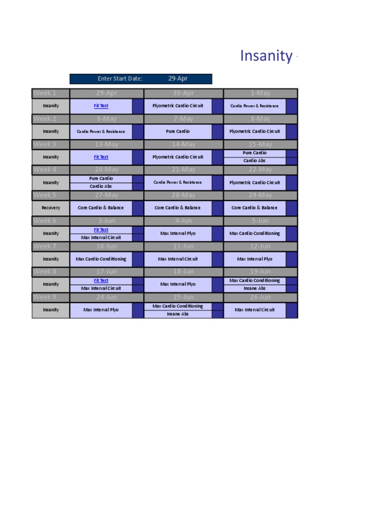 Insanity Workout Excel Worksheet | PDF | Recreation | Management Of Obesity