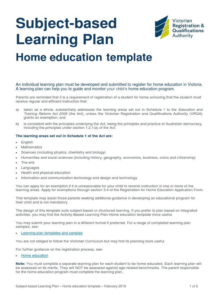 Subject-Based Learning Plan: Home Education Template | PDF | Homeschooling | Humanities
