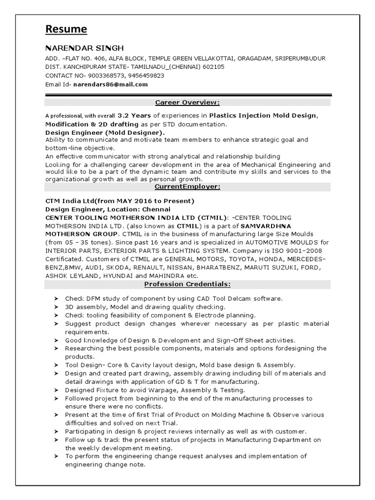 Resume of Narendar Singh Highlighting Over 3 Years of Experience in ...