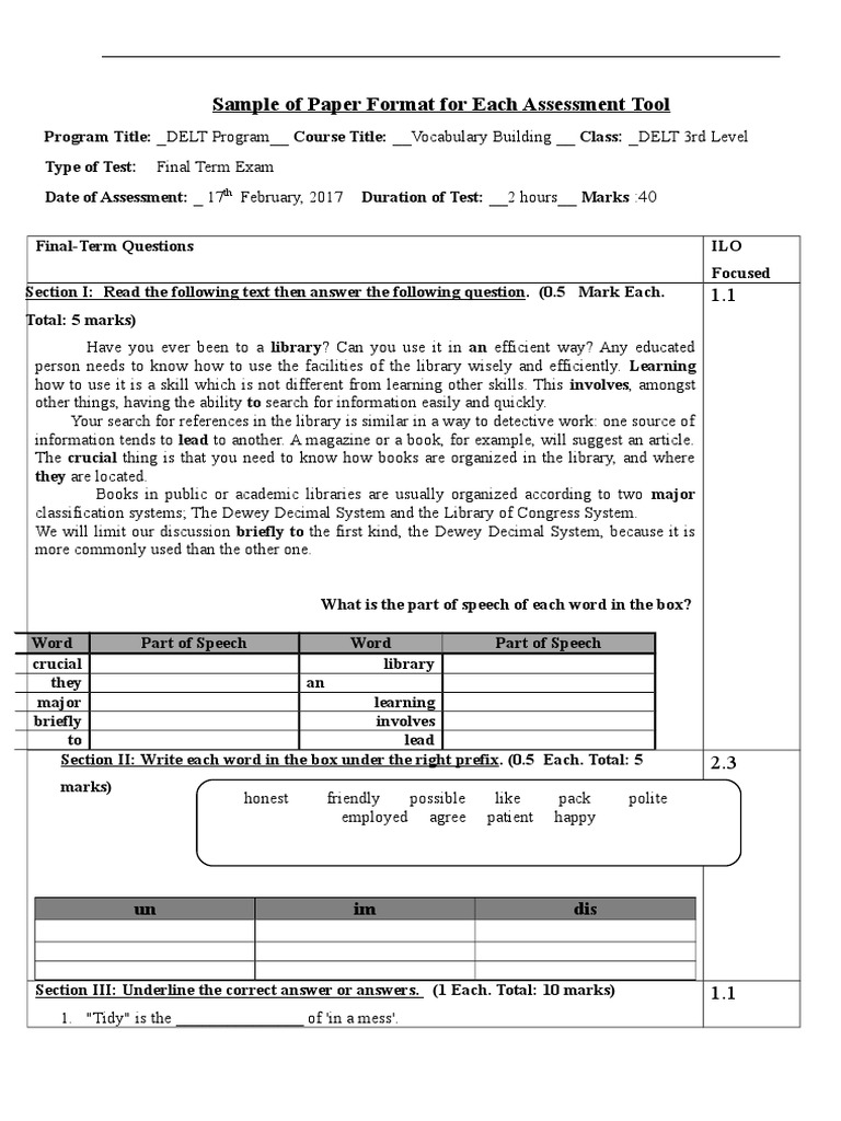 Sample of Paper Format For Each Assessment Tool: Un Im Dis | Download ...